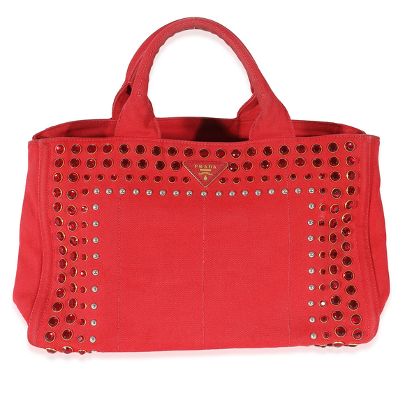 Prada | Bags | Prada Red Canvas Studded Medium Canapa Tote | Poshmark